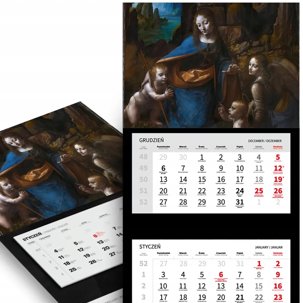 KALENDARZ TRÓJDZIELNY 2025 Dzieła Da Vinciego MADONNA W GROCIE Wzory ...