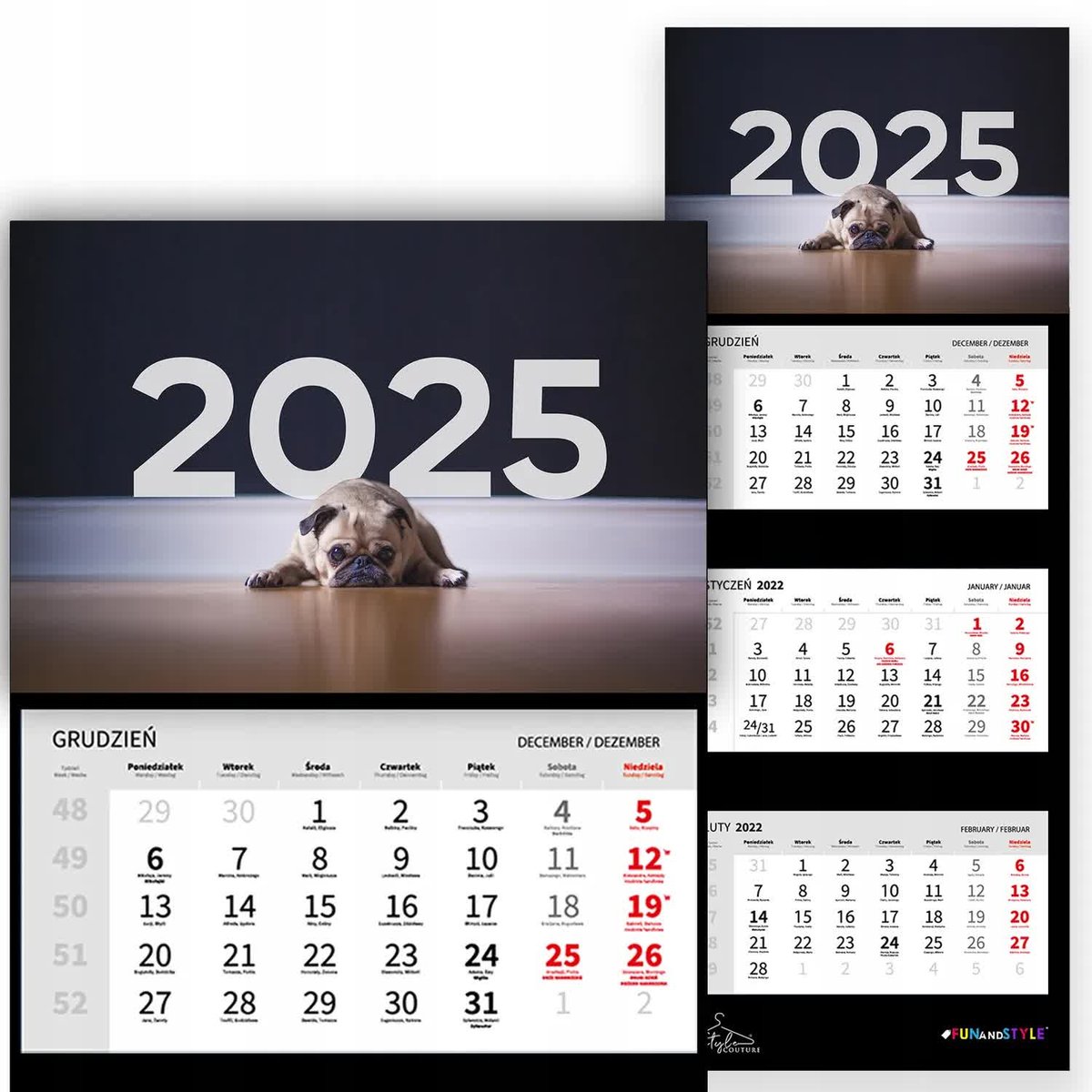 KALENDARZ TRÓJDZIELNY 2025 MOPS Ścienny Dog Pieski Urocze Psy Piękne ...