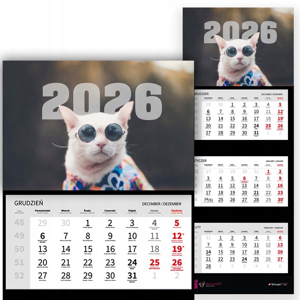 Kalendarz Trójdzielny 2026 Rok Biurowy Wiszący Naścienny Zabawny Kot ...