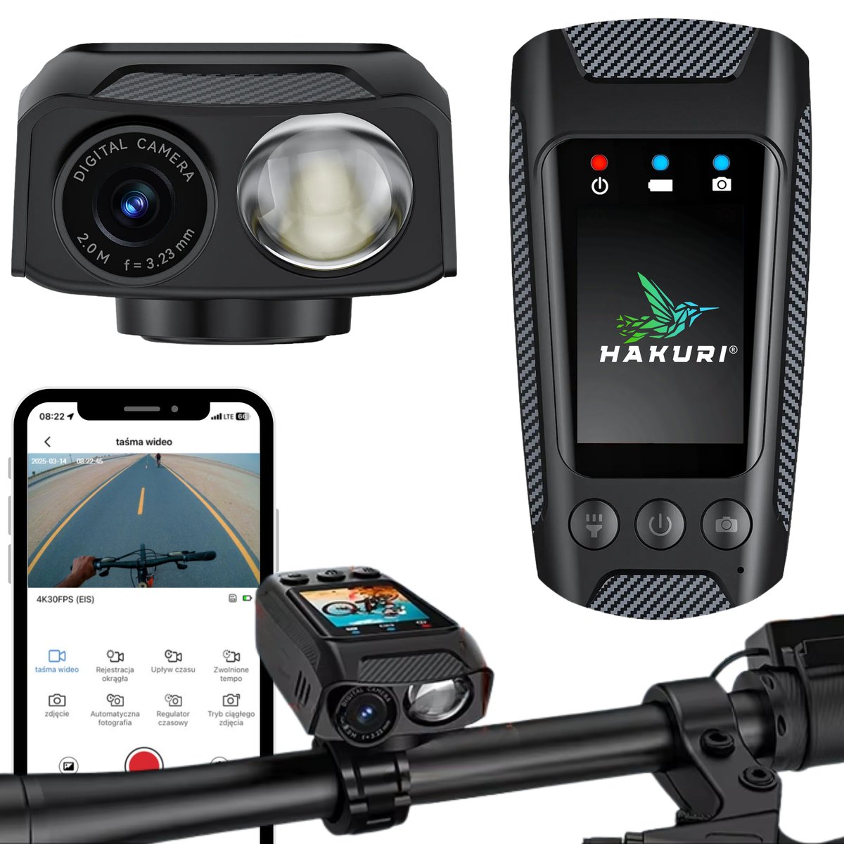 Kamera sportowa rowerowa Rejestrator 4K/60FPS UHD Video Latarka Klakson 4w1+ karta pemięci 64G ...