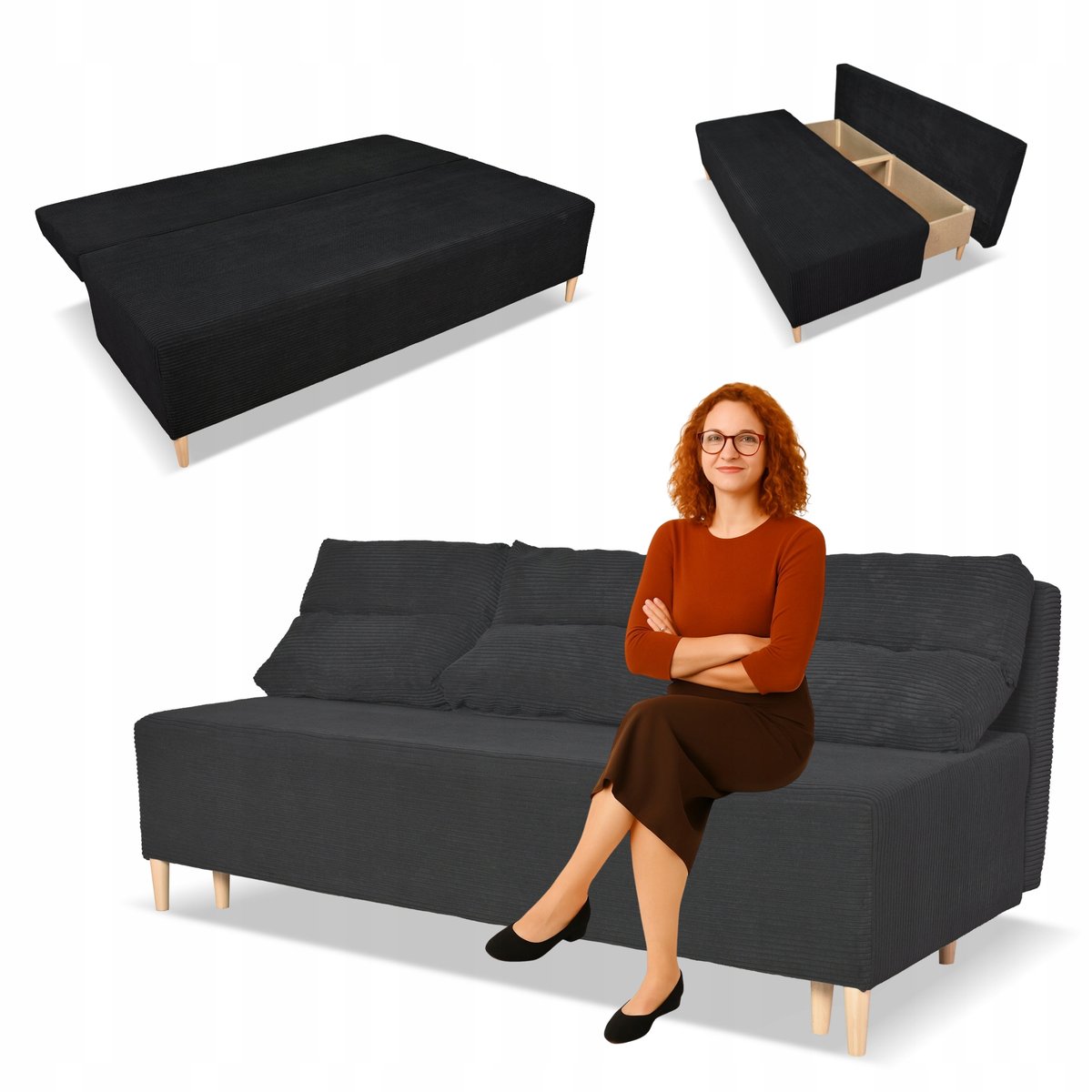 Kanapa sofa KIMO funkcja spania pojemnik Family Meble Anafi czarna sztruks - Family meble ...