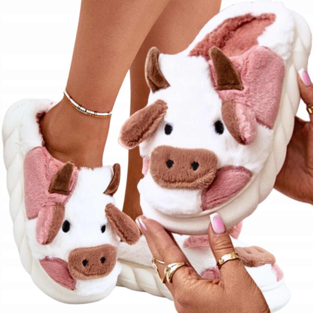 KAPCIE DAMSKIE CIEPŁE DOMOWE KROWA BAMBOSZE LACZKI GRUBA PODESZWA R. 40 ...