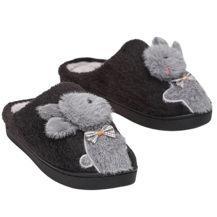 Kapcie Damskie Z Futerkiem Mouse Czarne Z Muszką Pluszowe Ciapy Modne ...