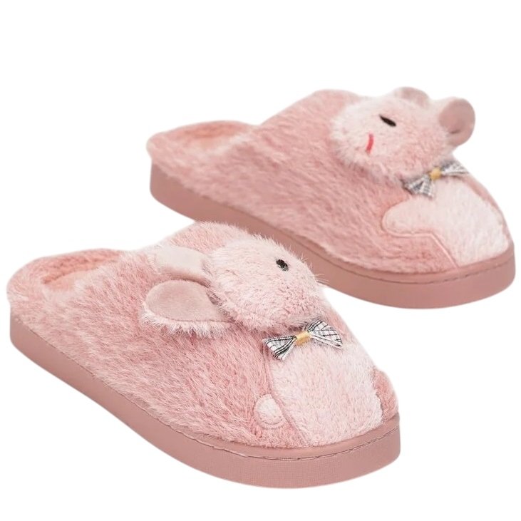 Kapcie Damskie Z Futerkiem Mouse Różowe Z Muszką Pluszowe Ciapy Modne ...