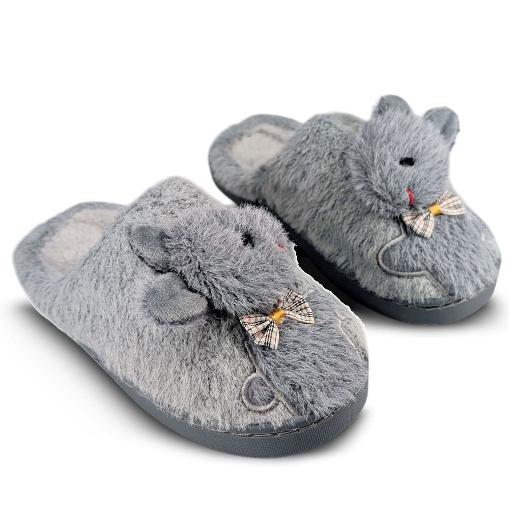 Kapcie Damskie Z Futerkiem Mouse Szare Z Muszką Pluszowe Ciapy Modne ...