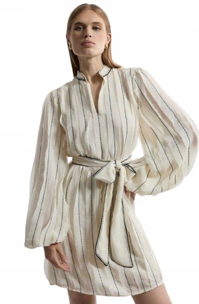 Karen Millen Petite Sukienka Mini z Paskiem i Stójką w Paski Beżowa 40 ...