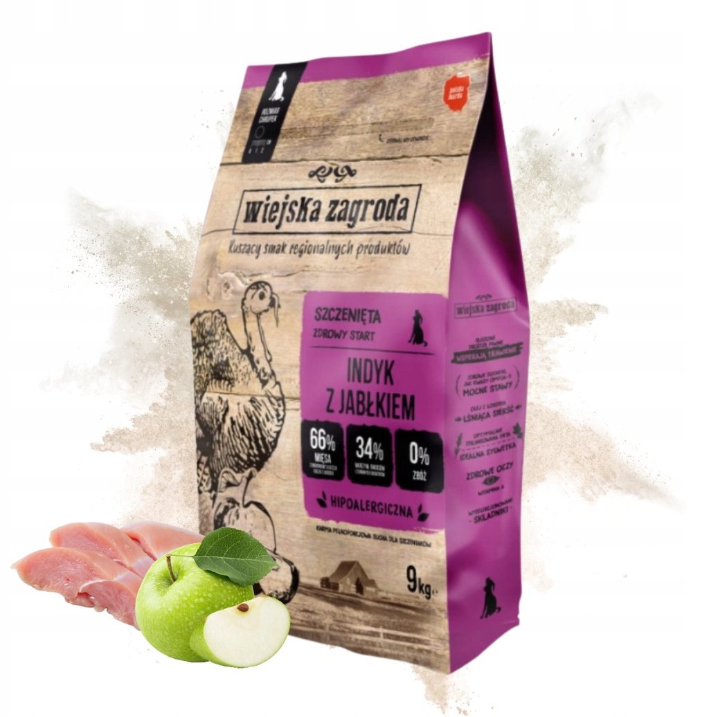 KARMA WIEJSKA ZAGRODA INDYK Z JABŁKIEM DLA SZCZENIĄT 9KG - 66% MIĘSA ...
