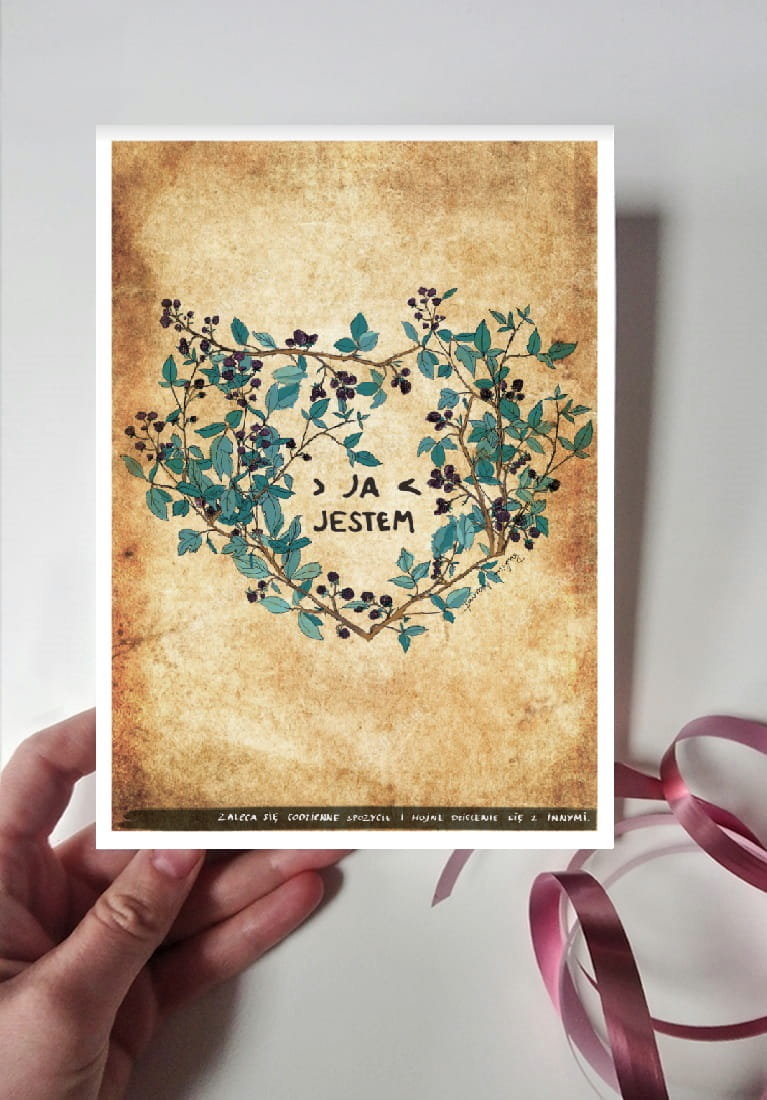 KARTKA na życzenia składana, ilustracja JA JESTEM + jeżyny (papier ...