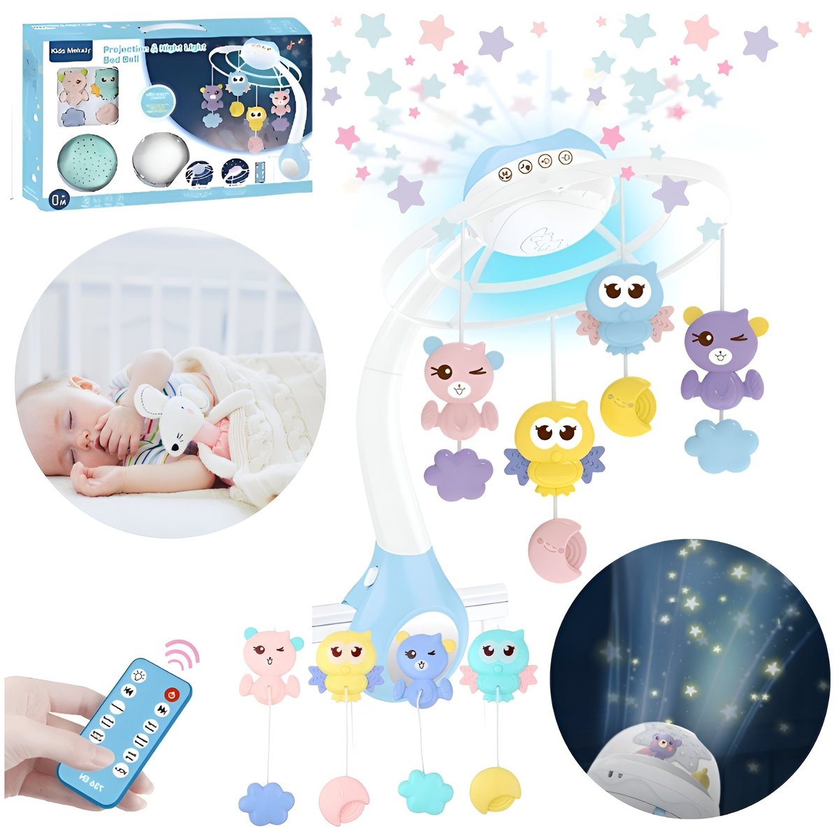 Karuzela do Łóżeczka z Projektorem 3w1 Muzyka Światło Pilot Zabawka na ...