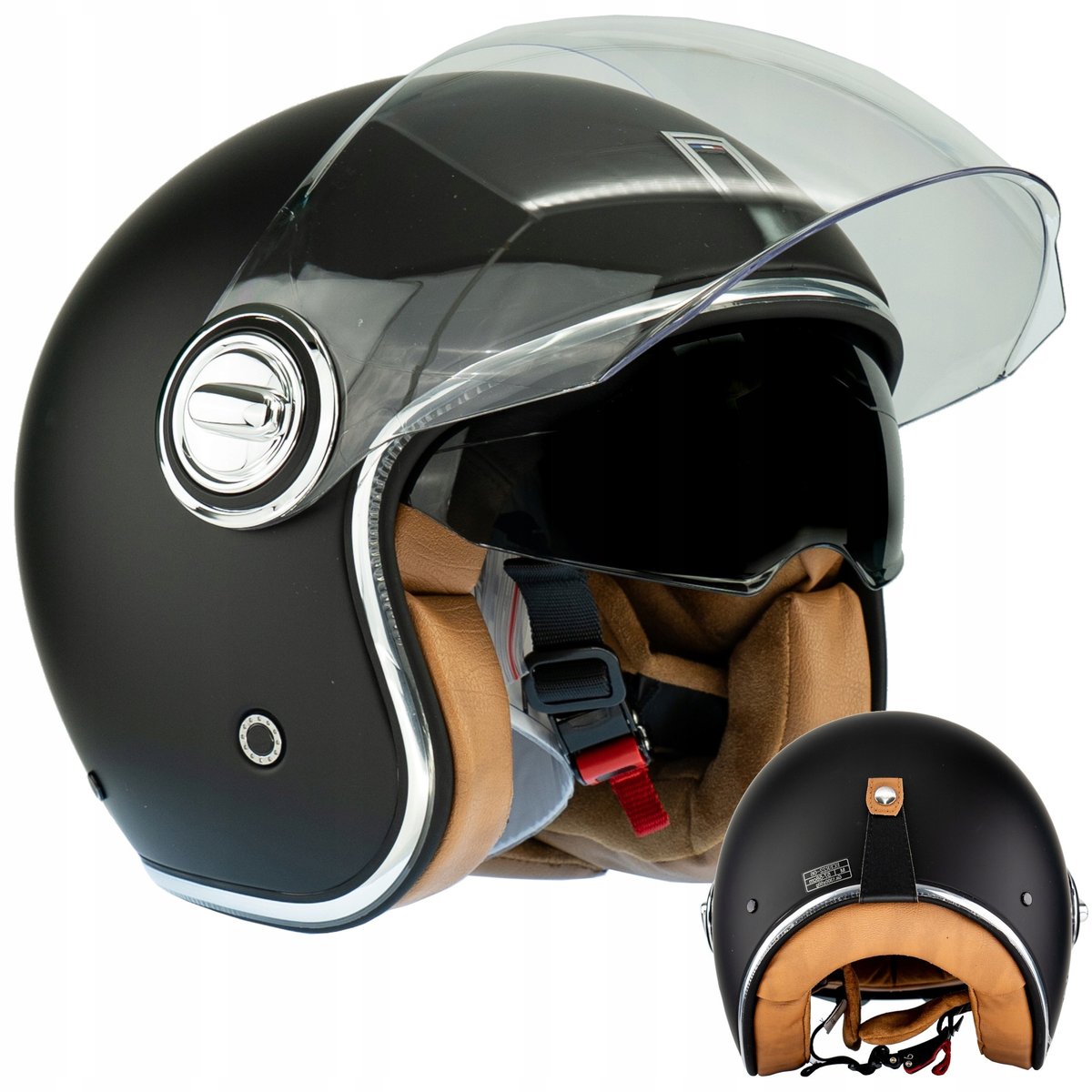 Kask Motocyklowy Elegancki Premium Neo-Retro Czarny Mat Skóra Beż Nox M ...