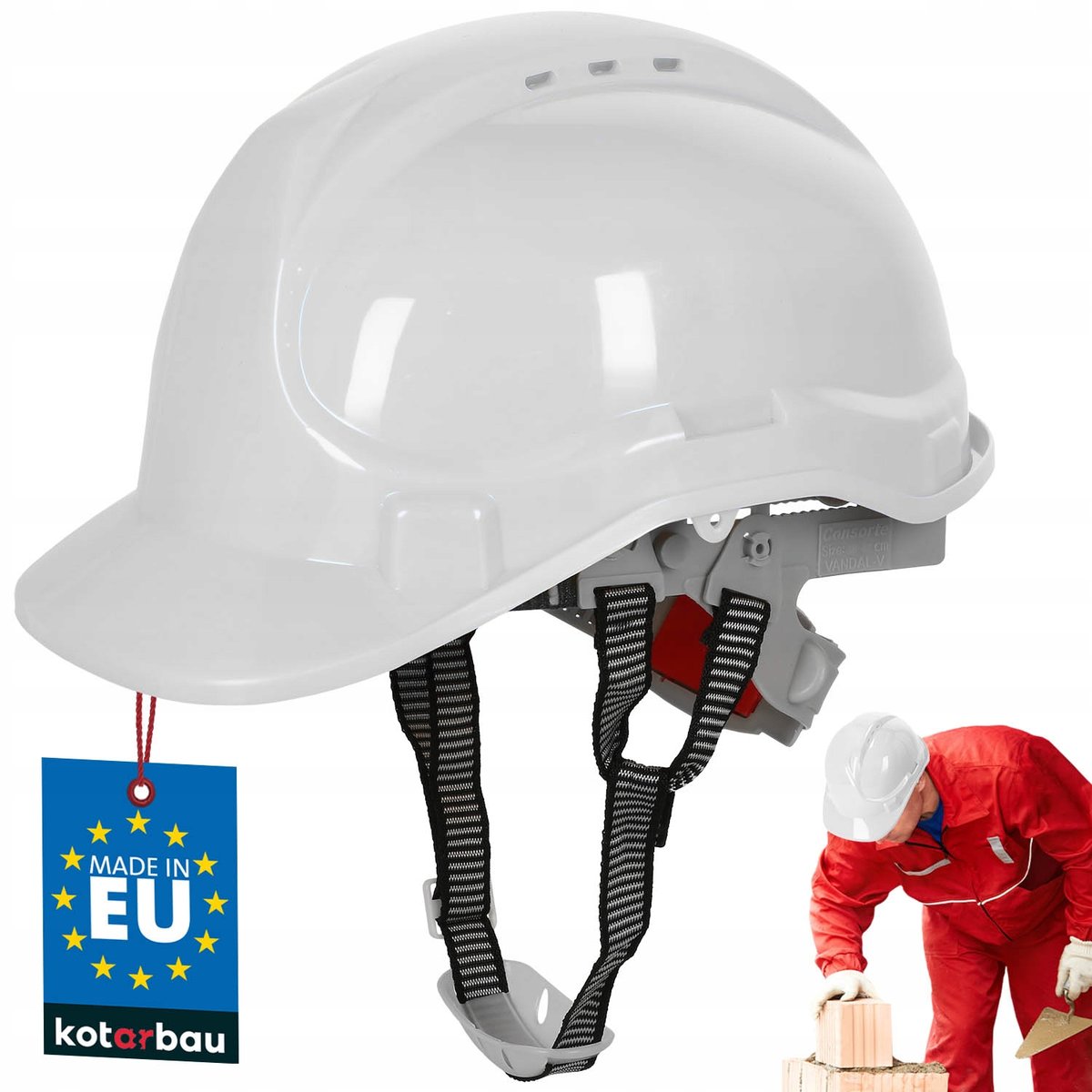 KASK OCHRONNY BIAŁY BUDOWLANY HEŁM ROBOCZY REGULOWANY Z PASKIEM ...