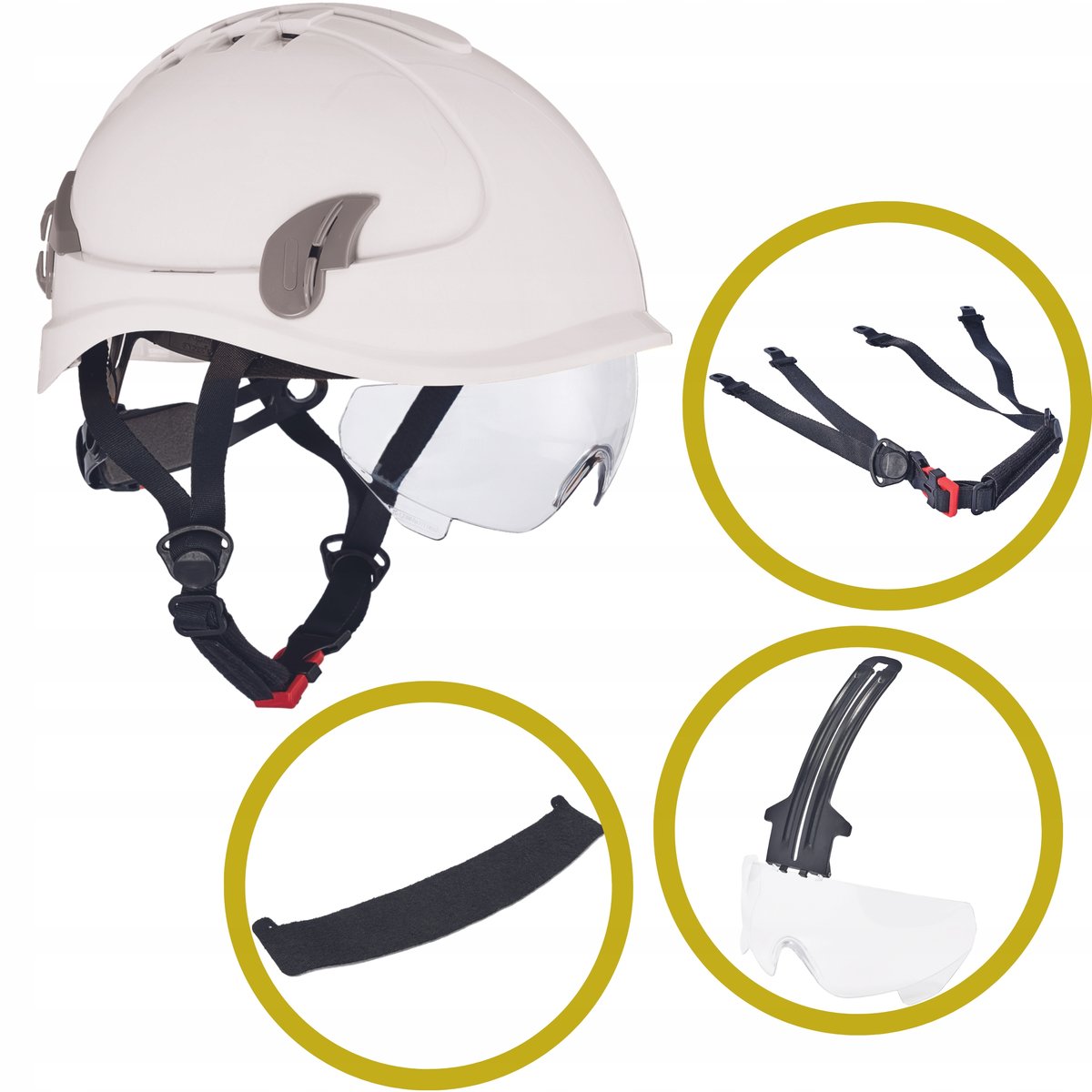 KASK OCHRONNY HEŁM WENTYLOWANY Z OKULARAMI BIAŁY KASK BUDOWLANY BHP ...