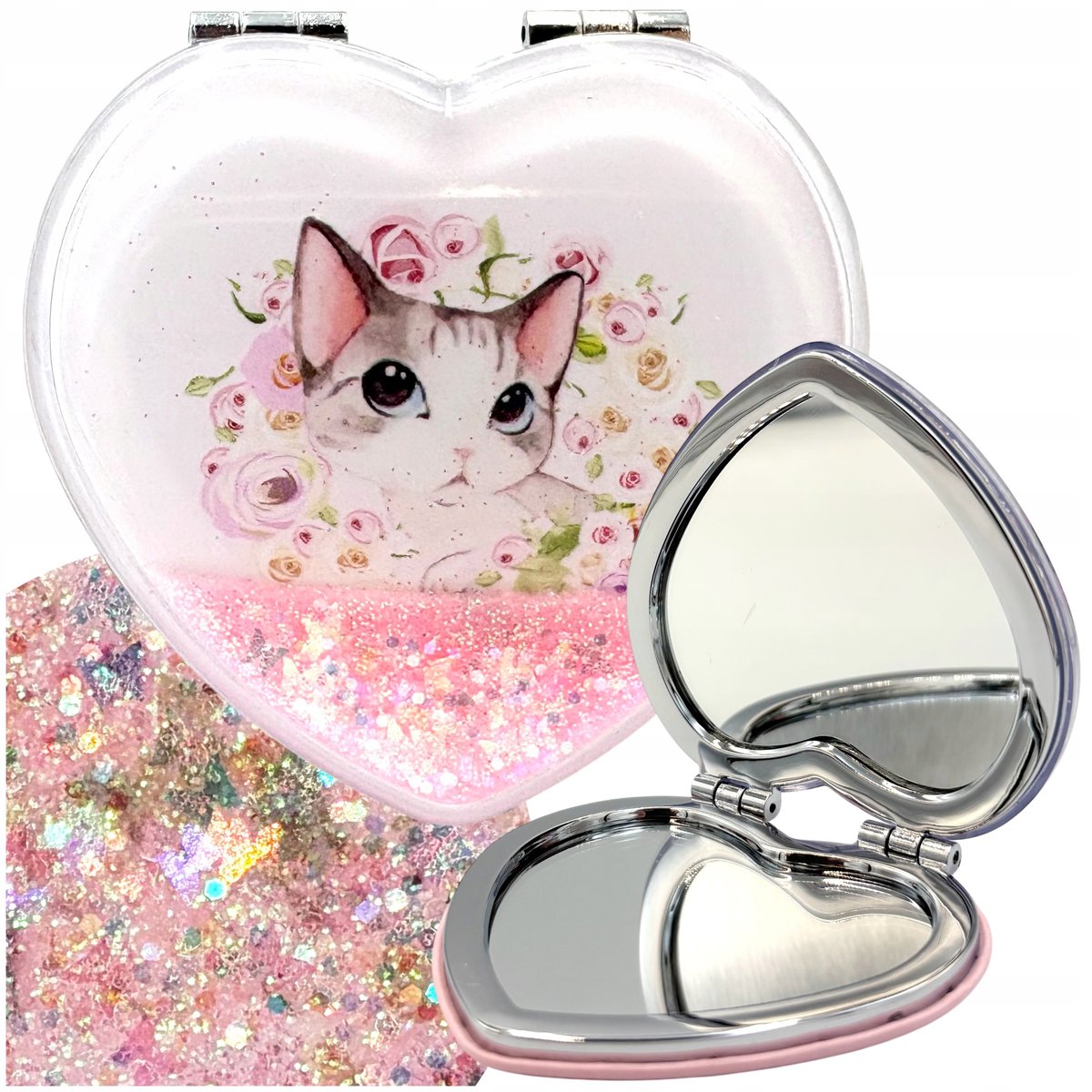 Kieszonkowe lusterko serce z brokatem kotek urocze lusterko rozkładane ...