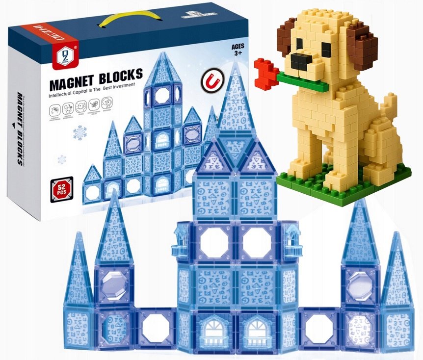 KLOCKI MAGNETYCZNE 52el KLOCKI KREATYWNE KONSTRUKCYJNE 3D EDUKACYJNE ...