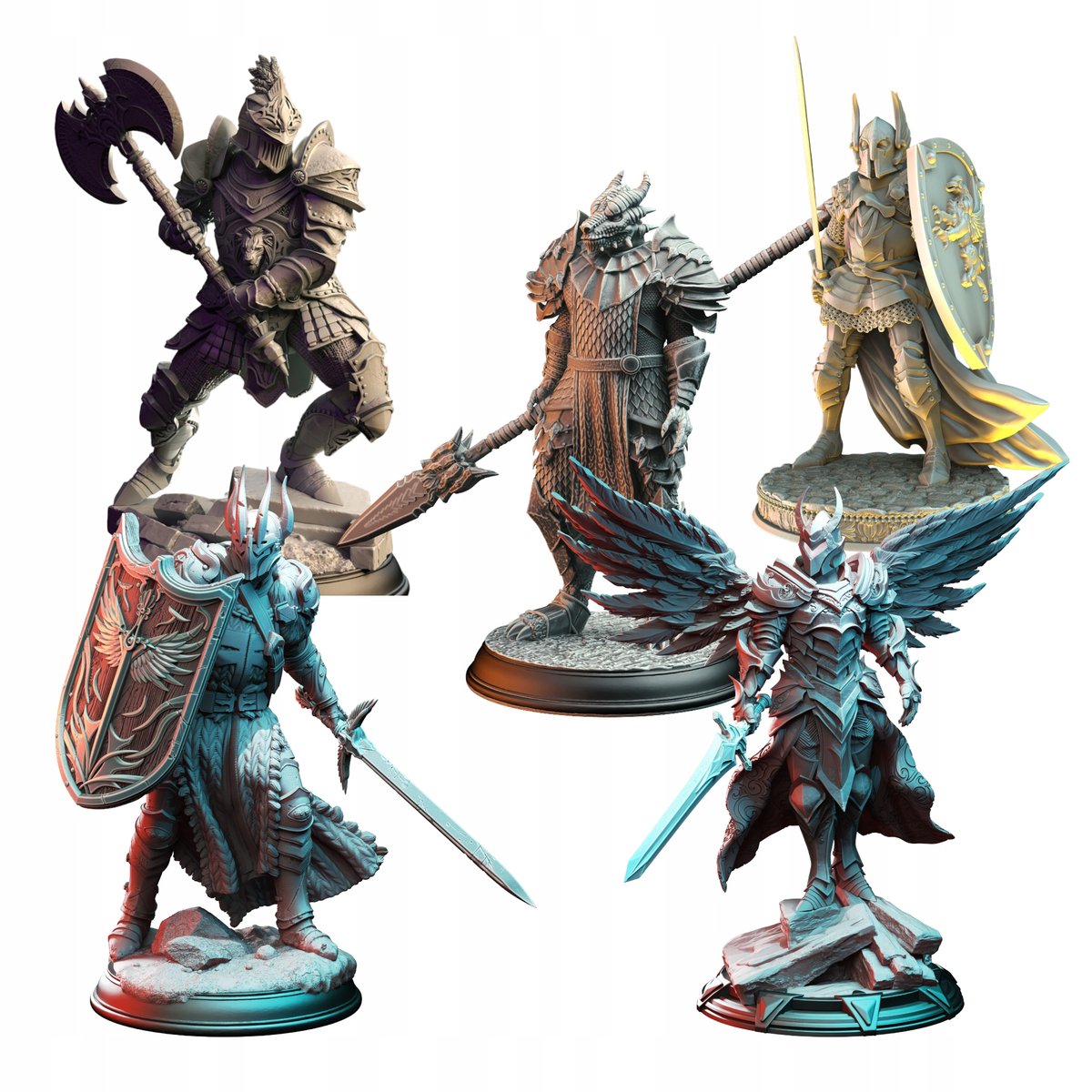 Knight Bundle Set zestaw 5 figurek 12k + podstawy do DND D&D RPG Druk ...