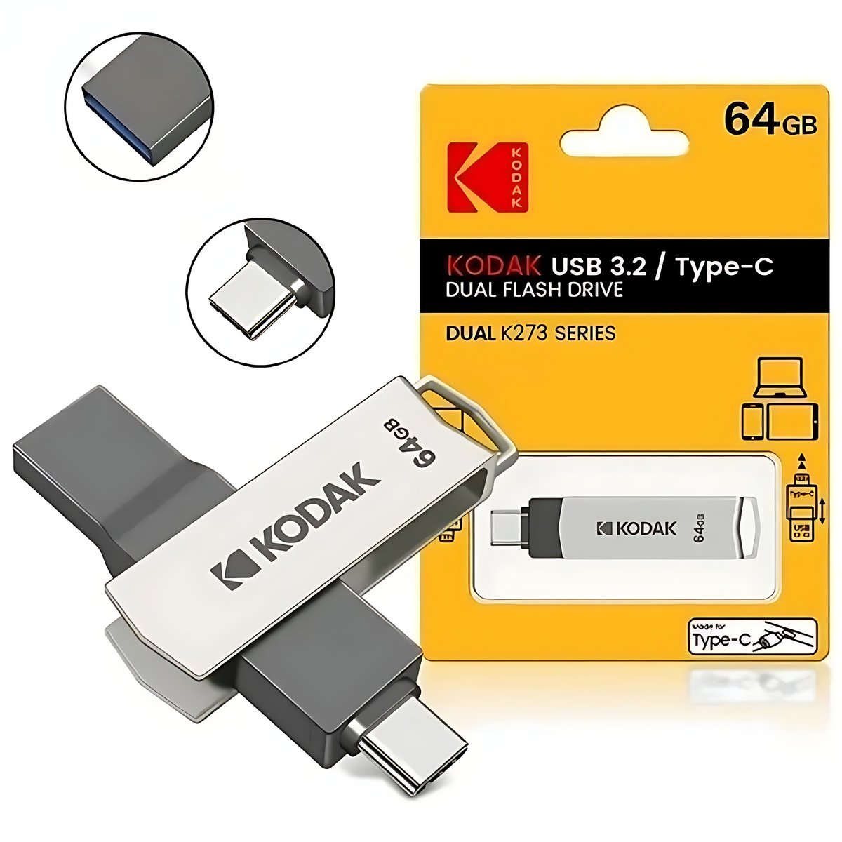 KODAK USB 3.2 TYP C FLASH DRIVE 64GB PENDRIVE - SZYBKI, METALOWY - Kodak | Sklep EMPIK.COM