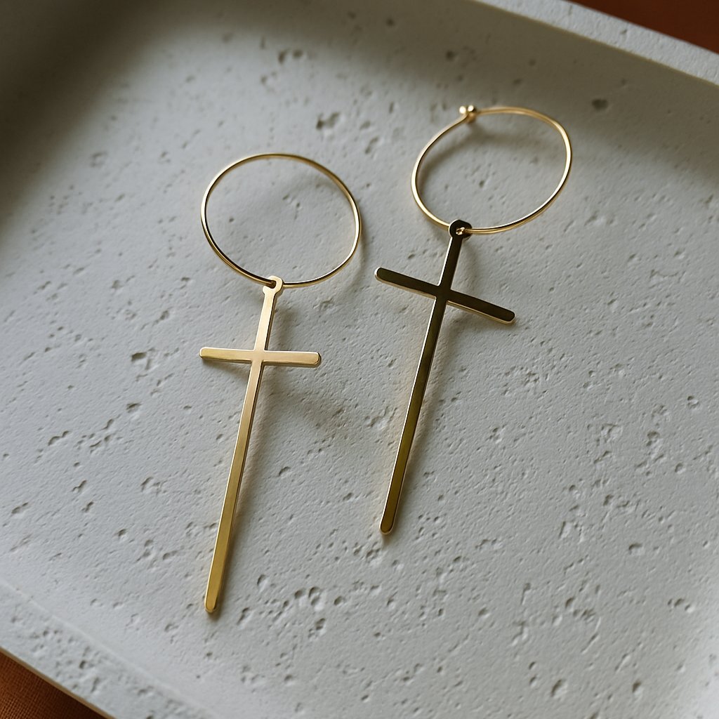 Kolczyki CrossLine - Złote Długie Krzyże na Kołach 7cm Stal ...