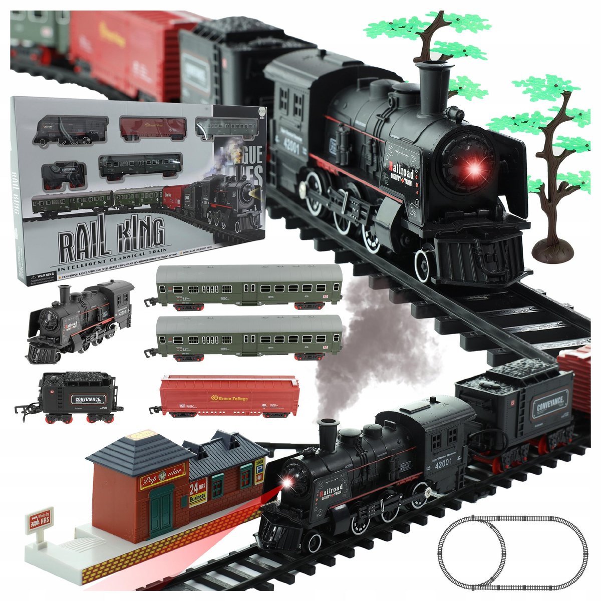 KOLEJKA ELEKTRYCZNA POCIĄG Rail King 4 WAGONY Parowóz DYM LED Tory XXL ...