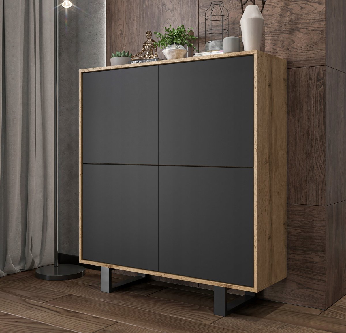 Komoda RTV Loft Industrialna szafka RTV Loft Dąb wotan czarny MAT 113 cm ramy - MEBLE LINDNER ...