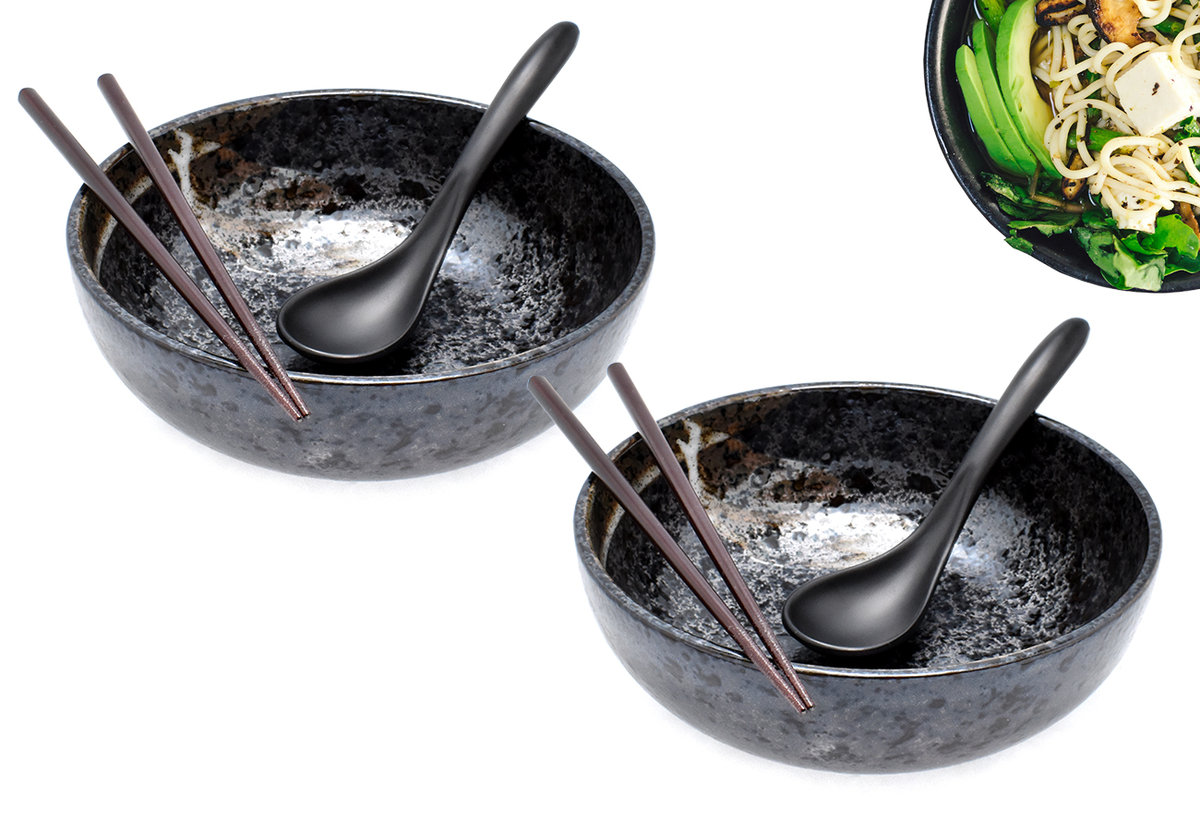 Komplet 2 misek z łyżkami i pałeczkami - Ramen Ansen 20 cm - Red ...