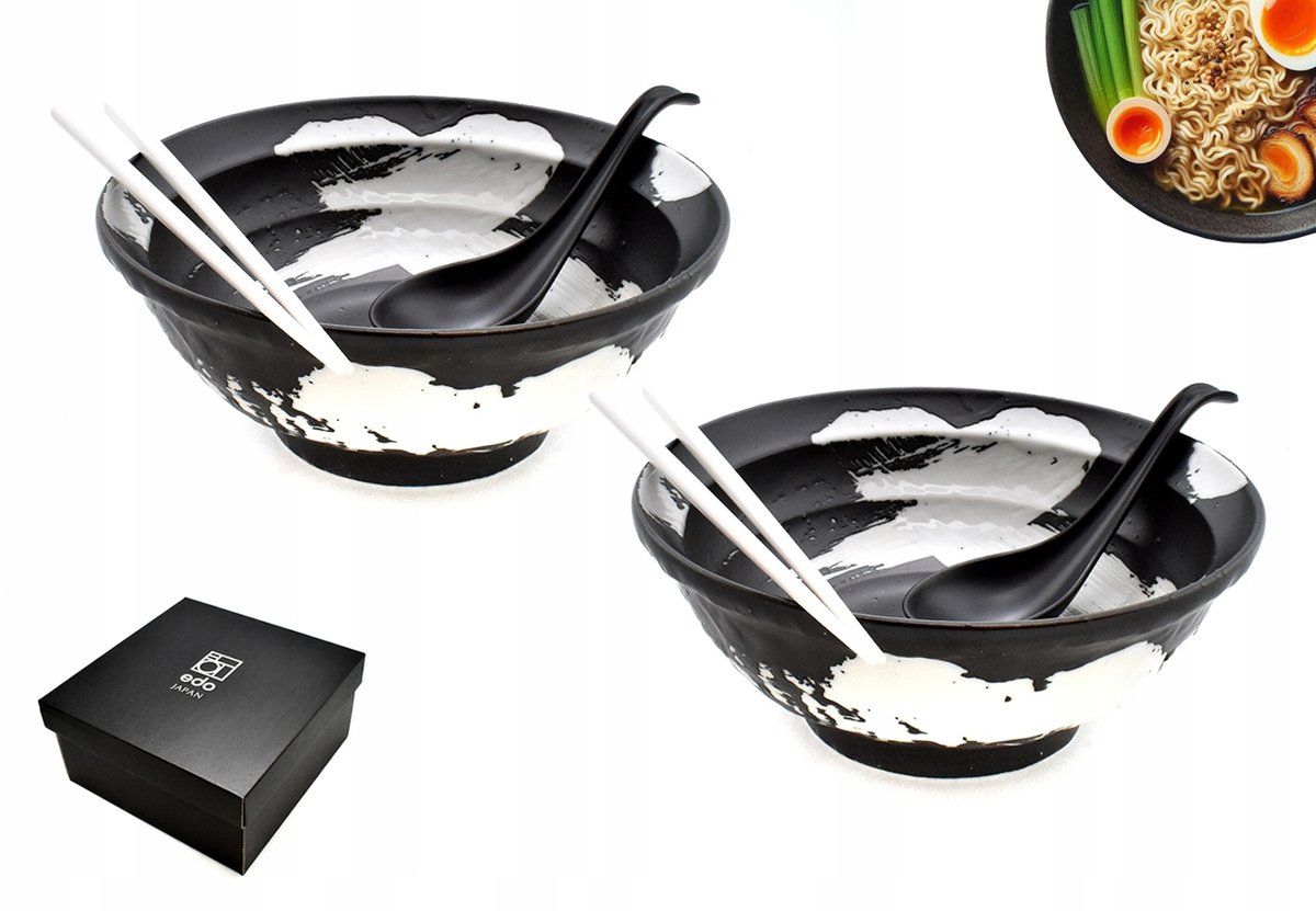 Komplet 2 misek z łyżkami i pałeczkami - Ramen Men Bachi Black 22 cm ...
