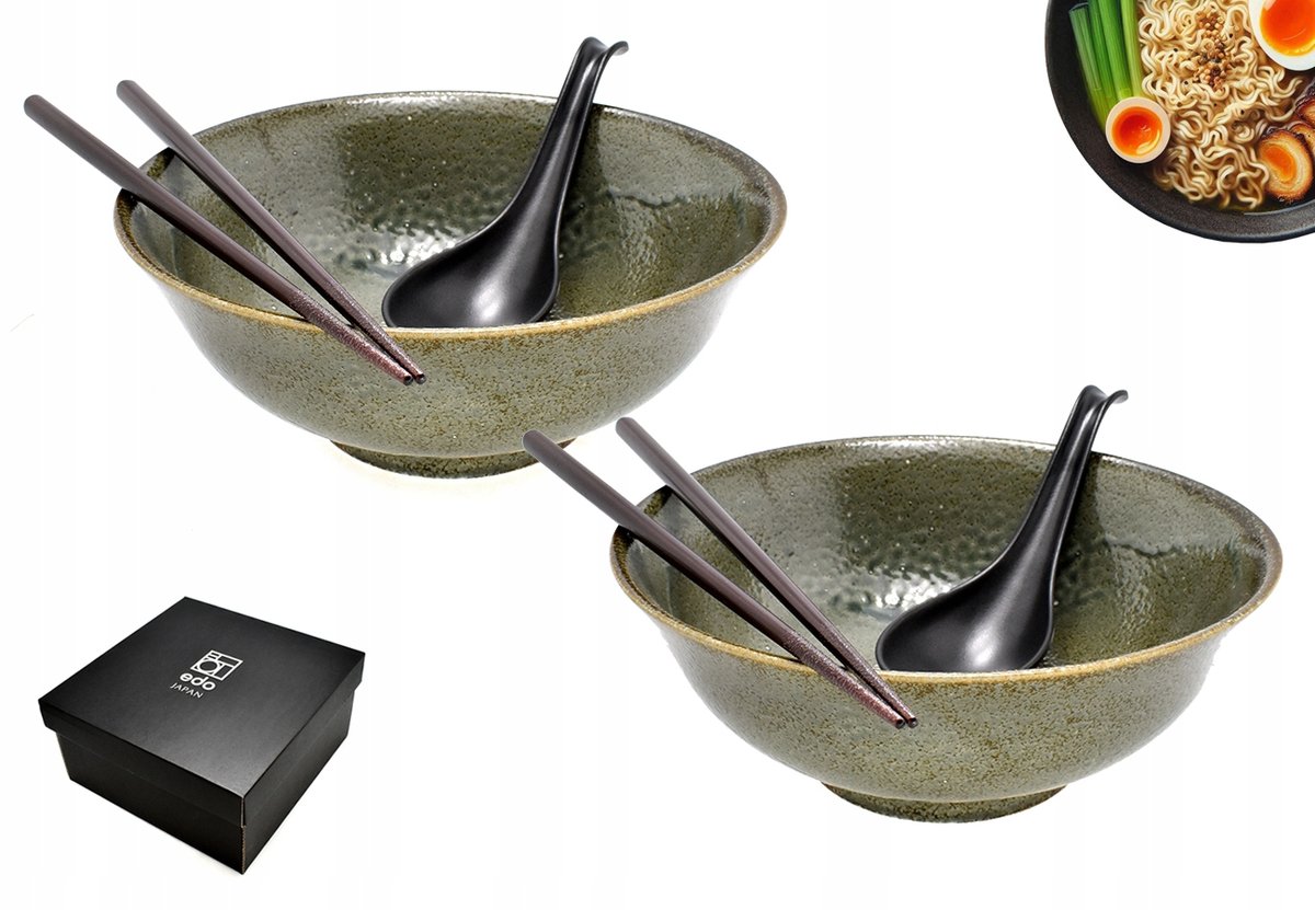 Komplet 2 misek z łyżkami i pałeczkami - Ramen Pasuteru Khaki 850 ml ...