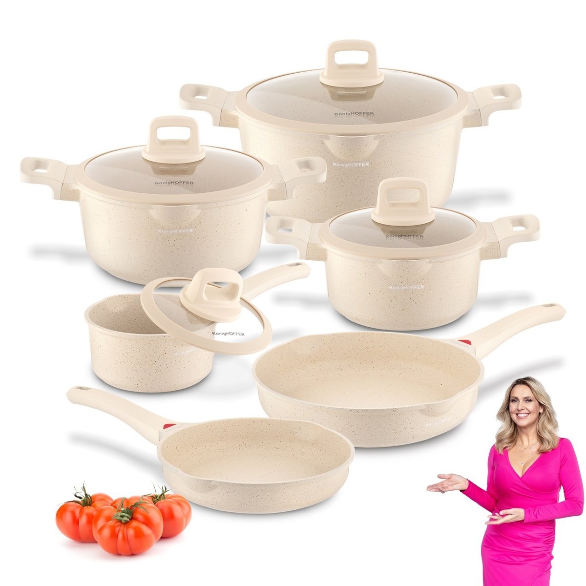 Komplet 3 Garnki Indukcja 2 Patelnie Non Stick Rondelek 10El Creamy Marble Konighoffer ...