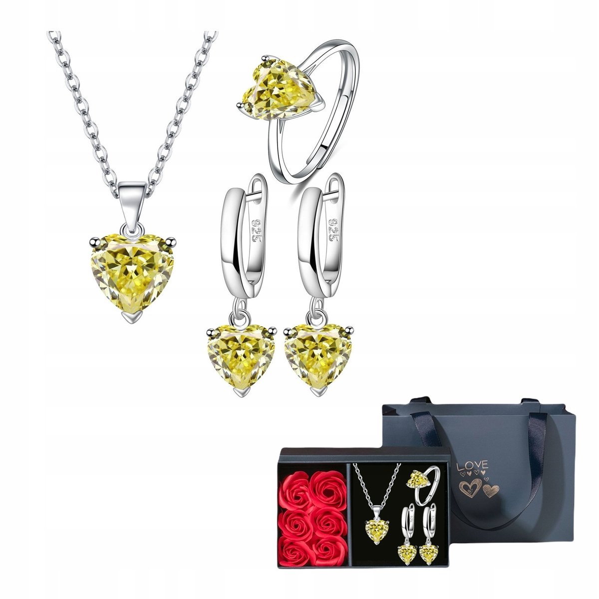 Komplet Biżuterii Białe Złoto Żółte Serce Eleganckie Pudełko Prezentowe ...