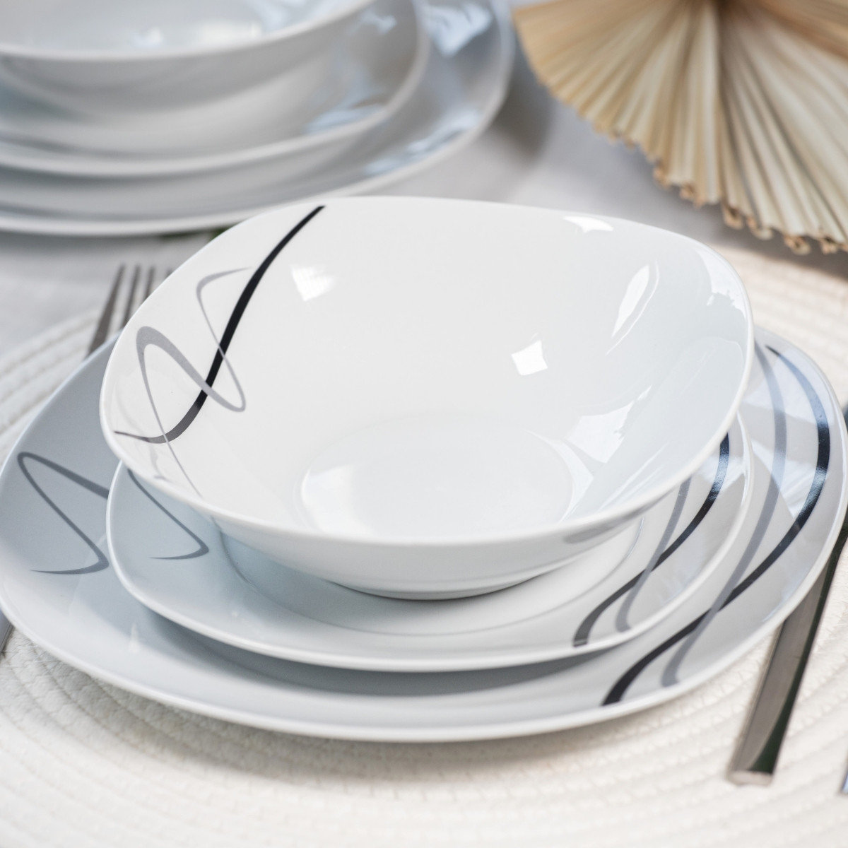 Komplet obiadowy dla 6 osób zestaw talerzy kwadratowy PRIMA DECO Fala 18-elementów - Prima Deco ...