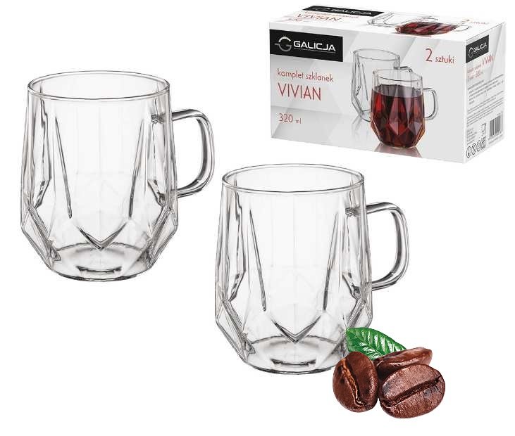 Komplet szklanek VIVIAN 320 ml 2 sztuki szkło borokrzemowe do kawy herbaty tłoczony geometryczny ...