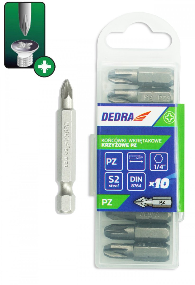Końcówki wkrętakowe, bity DEDRA 18A05PZ21-10 Pozidriv PZ2x50mm, 10szt pudełko plastikowe - Dedra ...