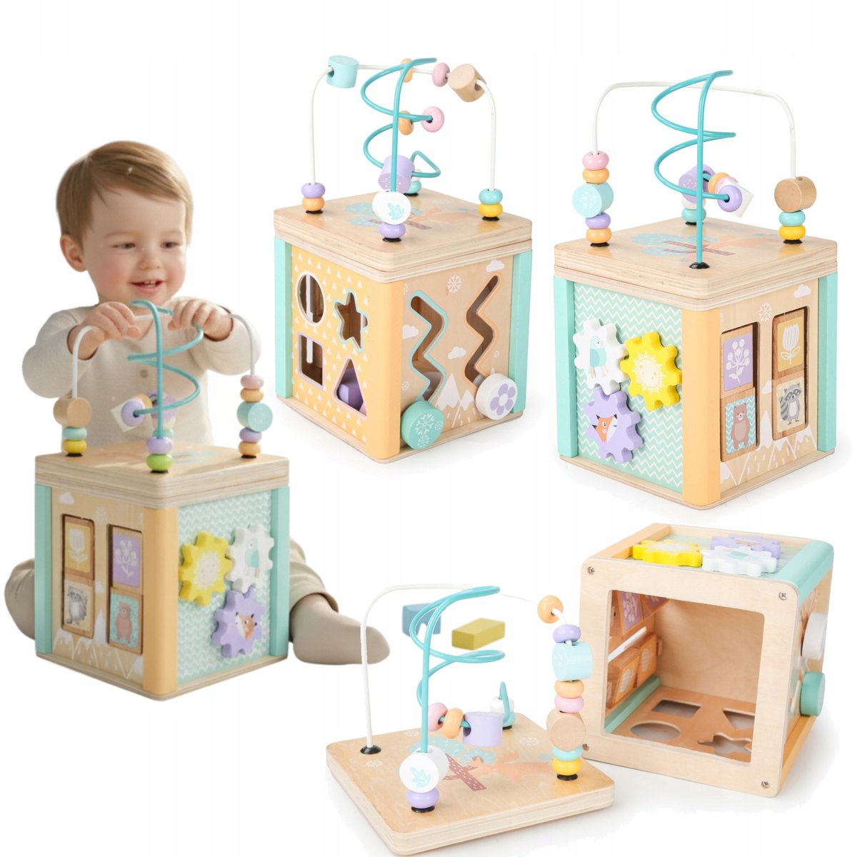 Kostka Edukacyjna Wiele Zabaw Sorter Klocków Puzzle Ruchome Koła Zębate ...