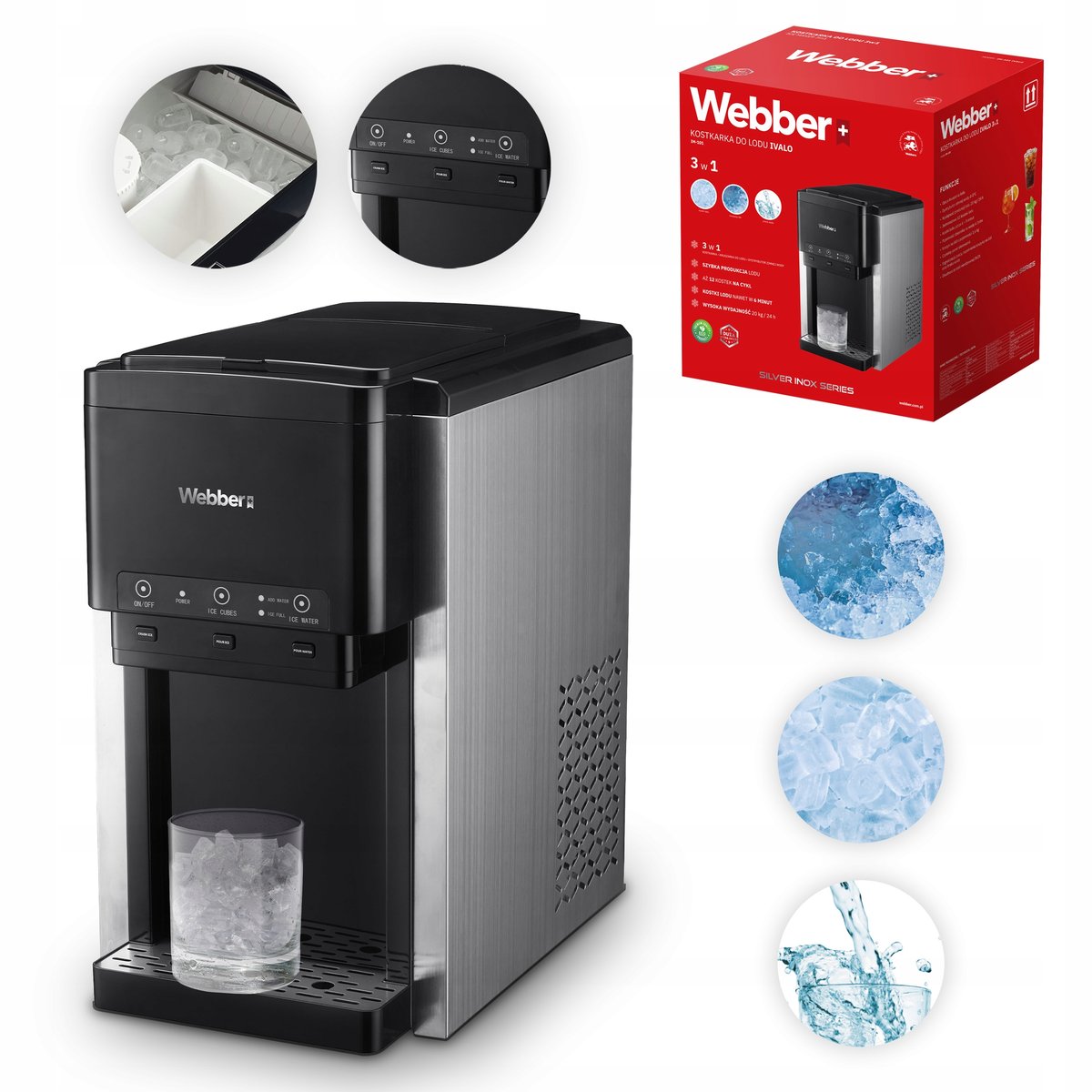 Kostkarka do lodu 3w1 Dystrybutor wody Kruszarka WEBBER 200W 20kg/24h 6 ...