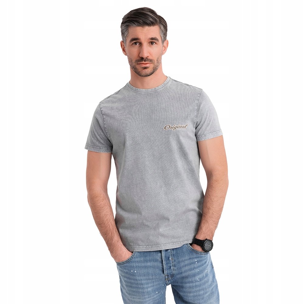 Koszulka bawełniana nadruk i efekt sprania szara modna OM-TSWT-0201 V1 ...