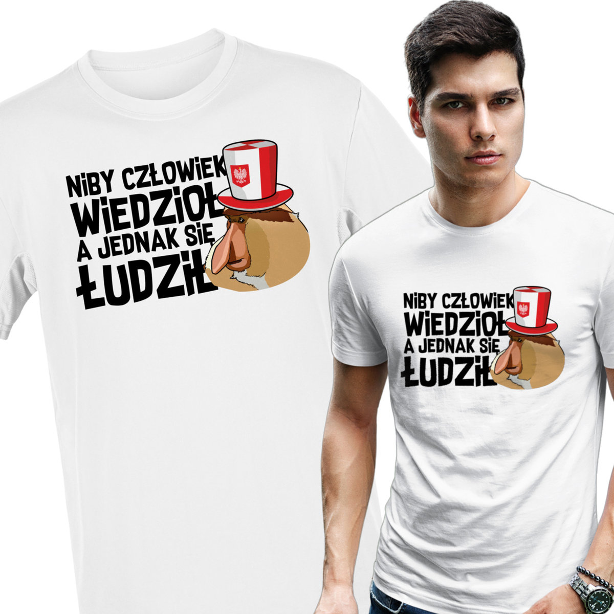 Koszulka męska Niby Człowiek Wiedział Nosacz Janusz Kibic Polski S ...