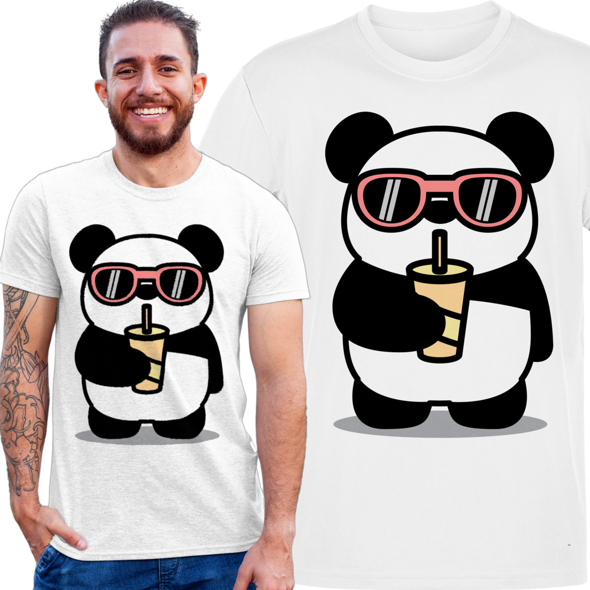 Koszulka męska Panda w okularach i ze smoothie Biała M - VoloDonum ...
