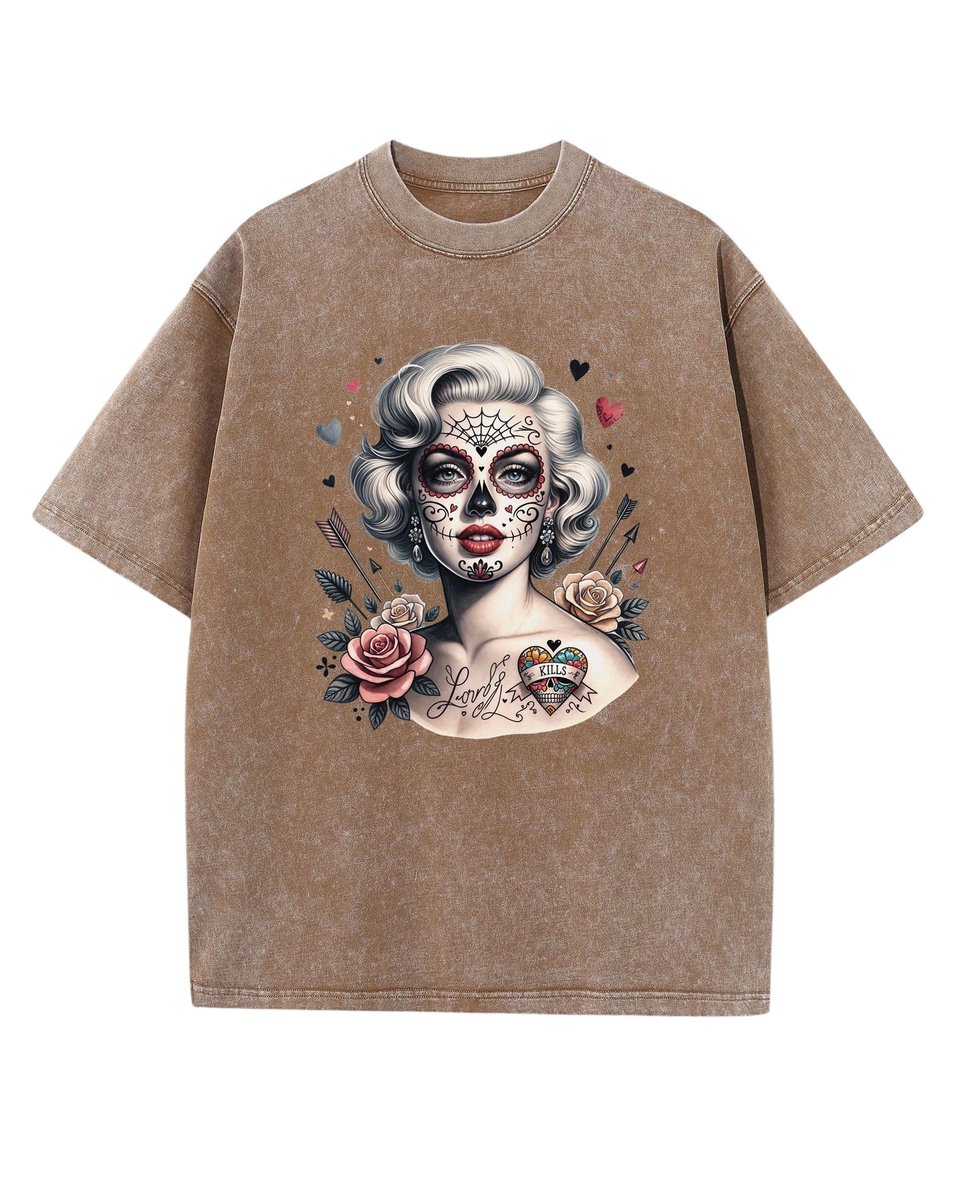 Koszulka oversize efekt sprania Tatuaż Marilyn Monroe brązowy L ...