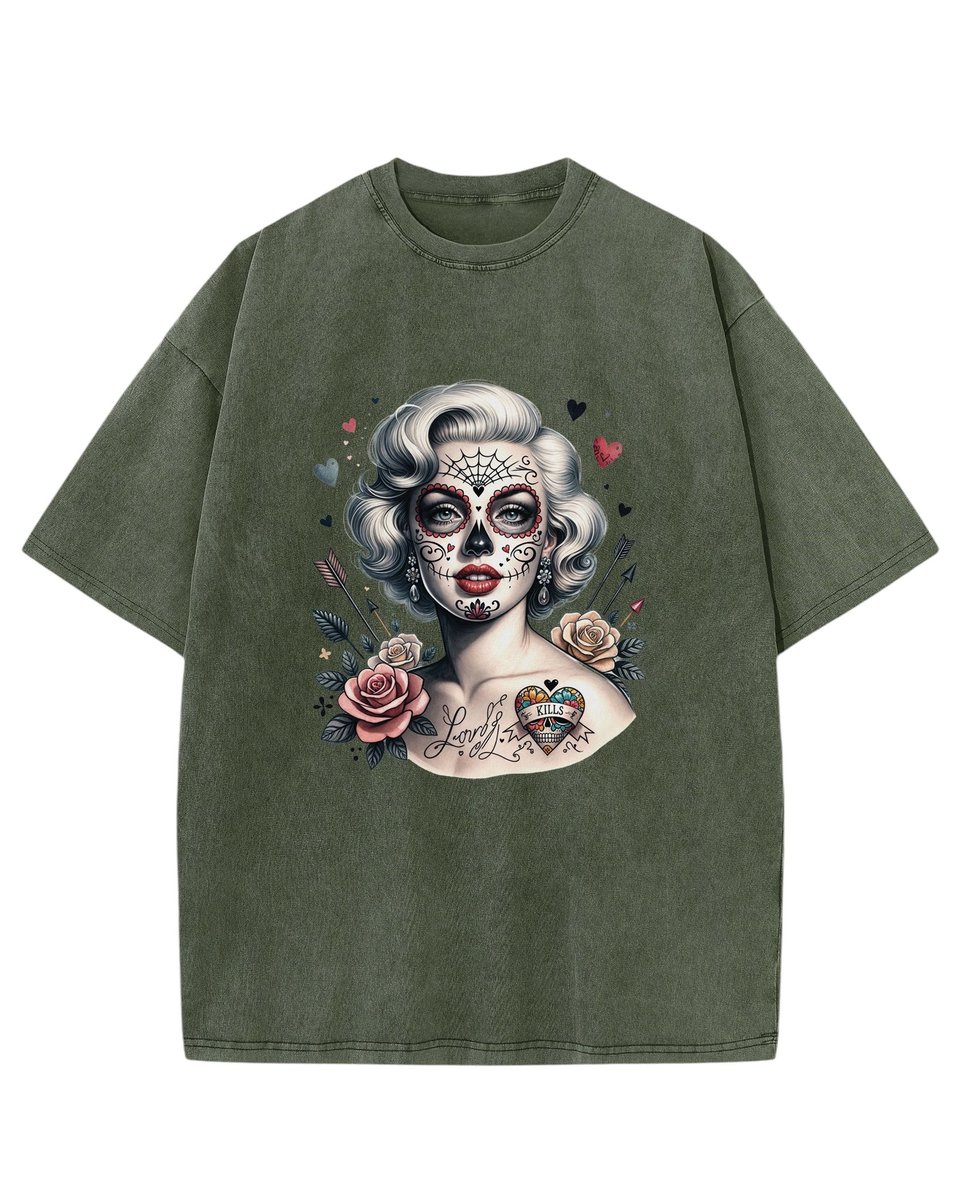 Koszulka oversize efekt sprania Tatuaż Marilyn Monroe khaki XL ...