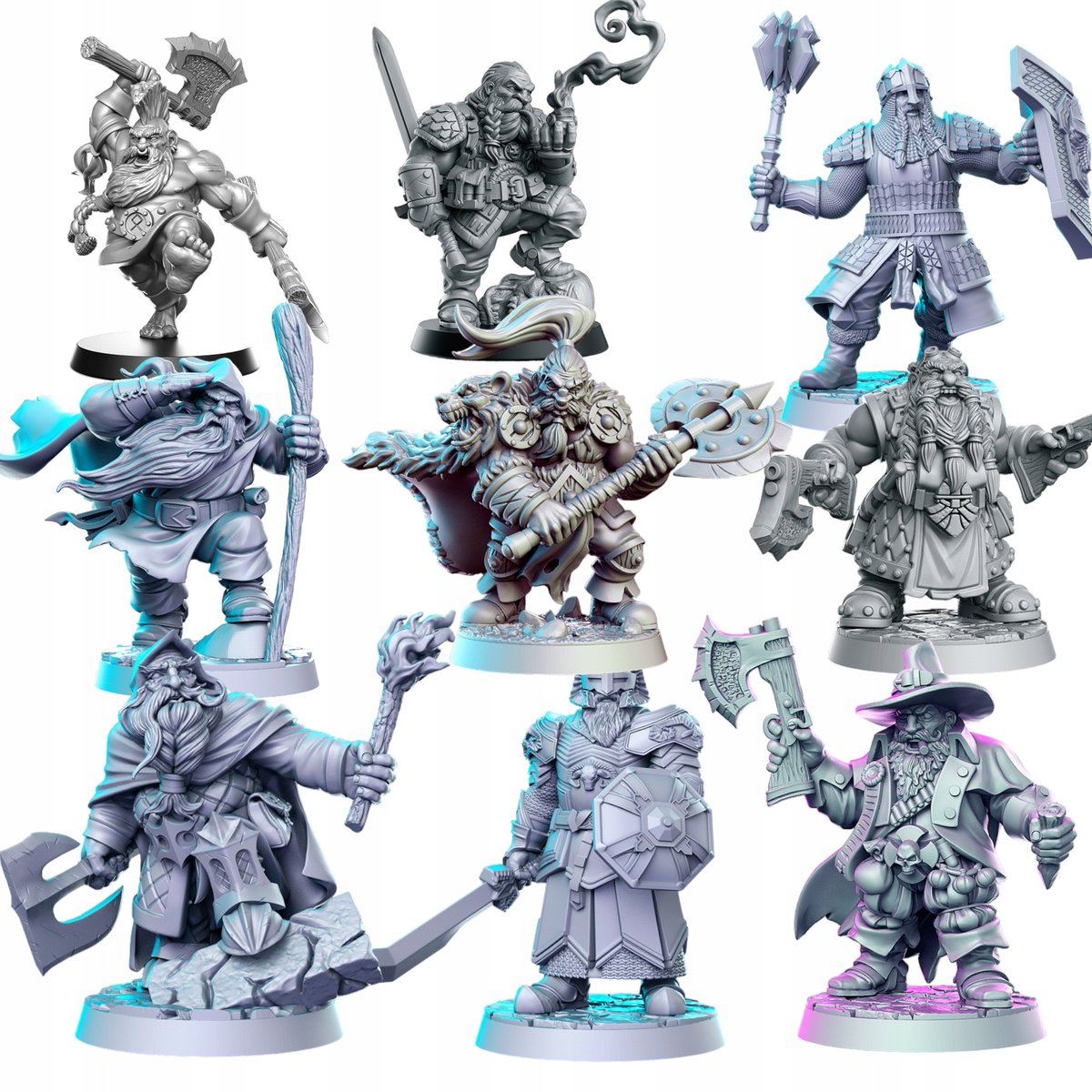 Krasnolud Dwarf Bundle Set zestaw 9 figurek 12k + podstawy do DND D&D RPG - Iron Shield ...