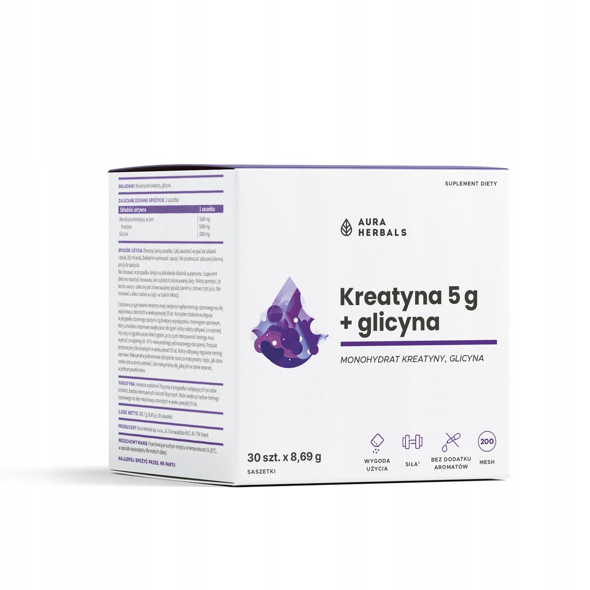 Kreatyna 5g + Glicyna suplement diety w saszetkach 30x8.69g - Aura ...