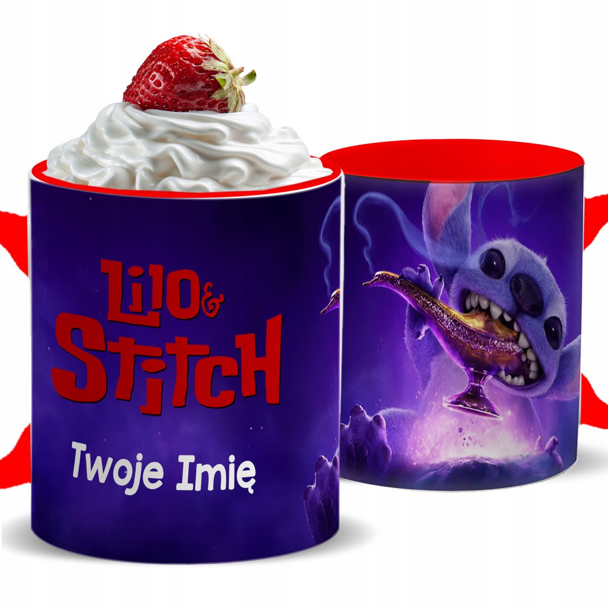 Kubek Biały Czerwone Ucho Wnętrze FILM LILO I STITCH *IMIĘ* Prezent ...