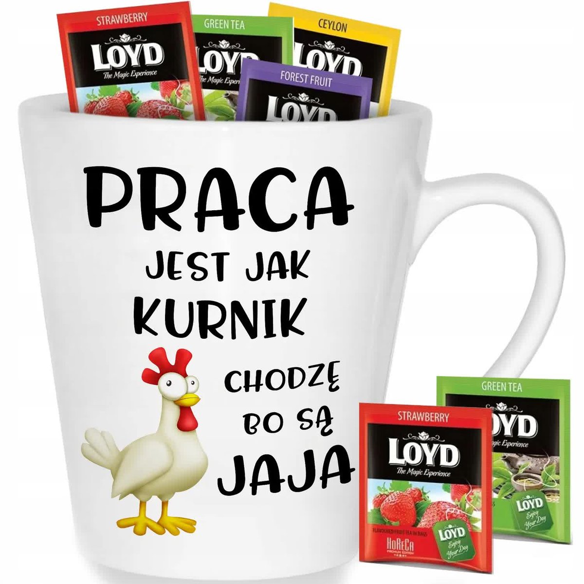 Kubek Biały Latte PRACA JEST JAK KURNIK Prezent Wz + 8 Herbat Loyd ...