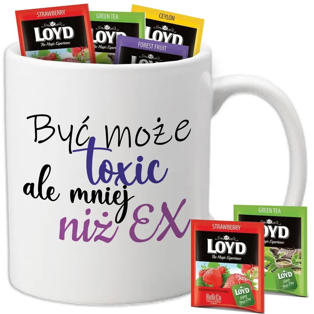 Kubek Biały TOCIX ALE MNIEJ NIŻ EX + 8 Herbat Loyd Śmieszne Wzory ...