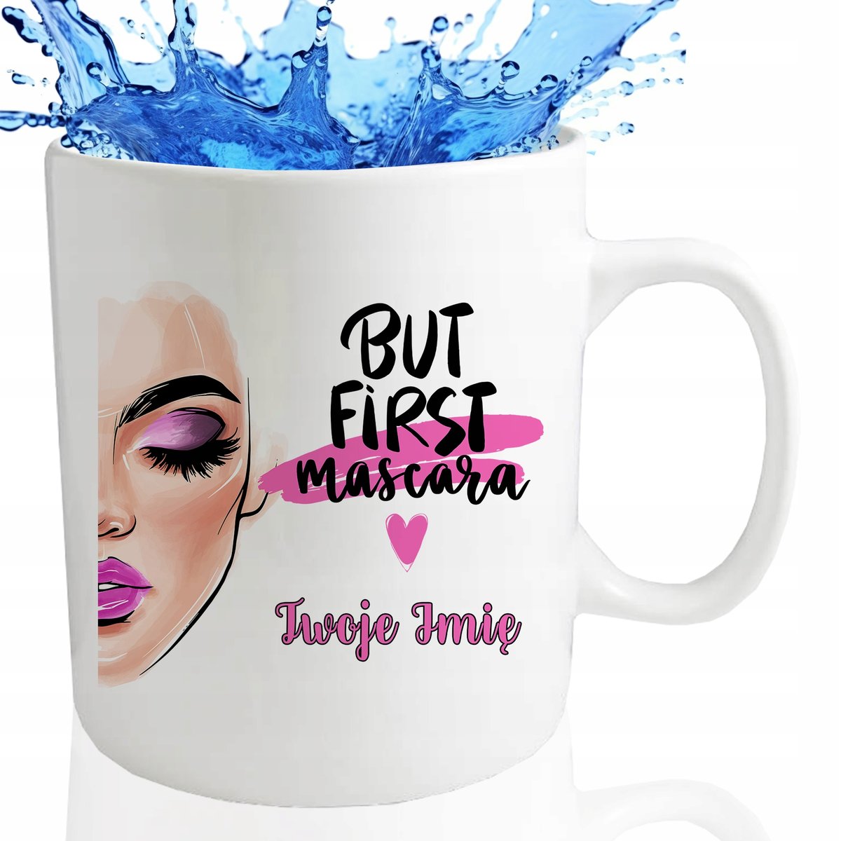 Kubek BIG XXL BIAŁY Prezent Dla Makijażystki BUT FIRST MASCARA Imię ...