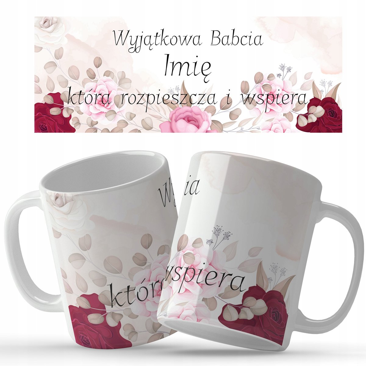 Kubek ceramiczny, dzień babci, DLA WYJĄTKOWEJ BABCI IMIĘ, 330 ml, StyleCouture, biały ...