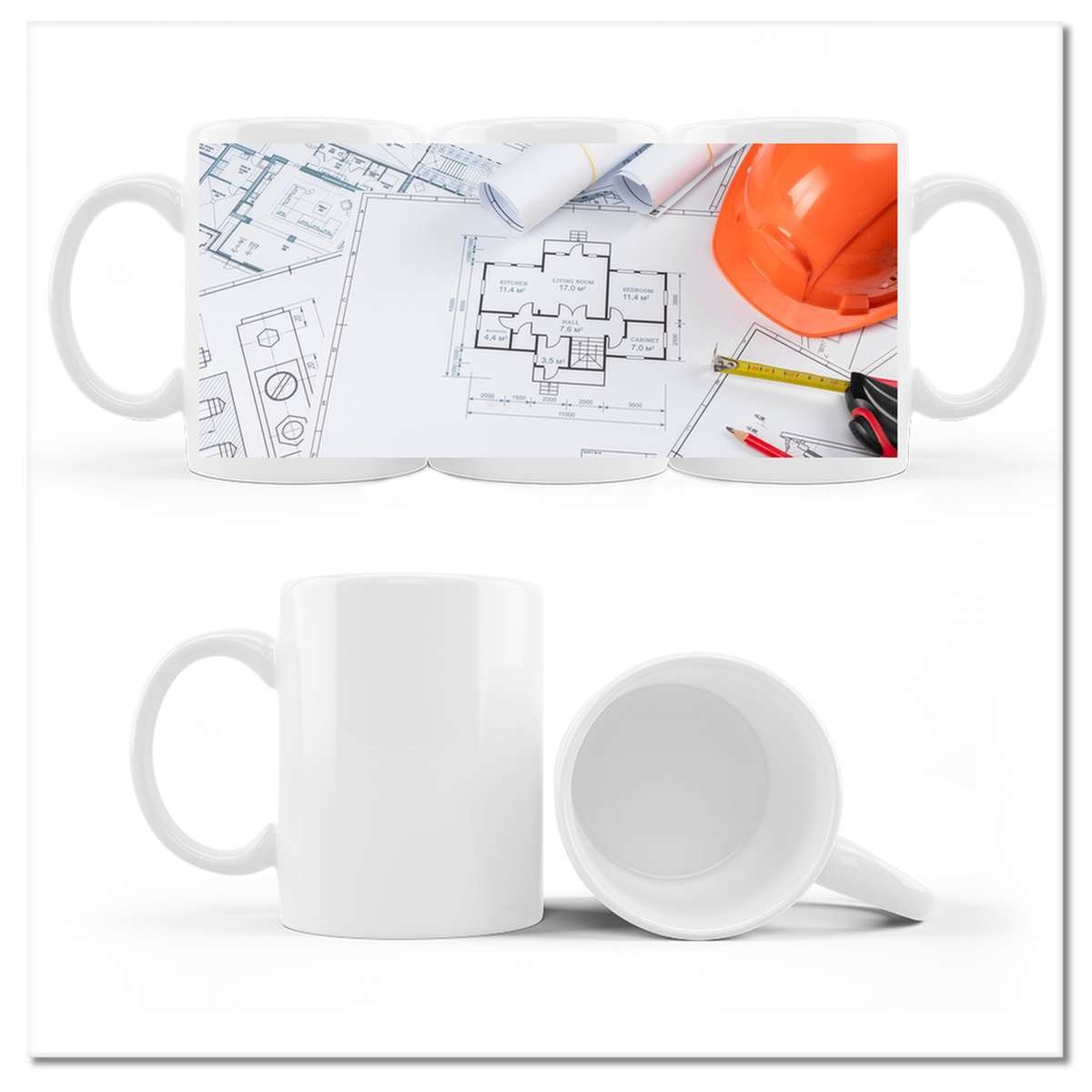 Kubek ceramiczny, Rysunek architektoniczny, 330 ml, ZeSmakiem, biały ...