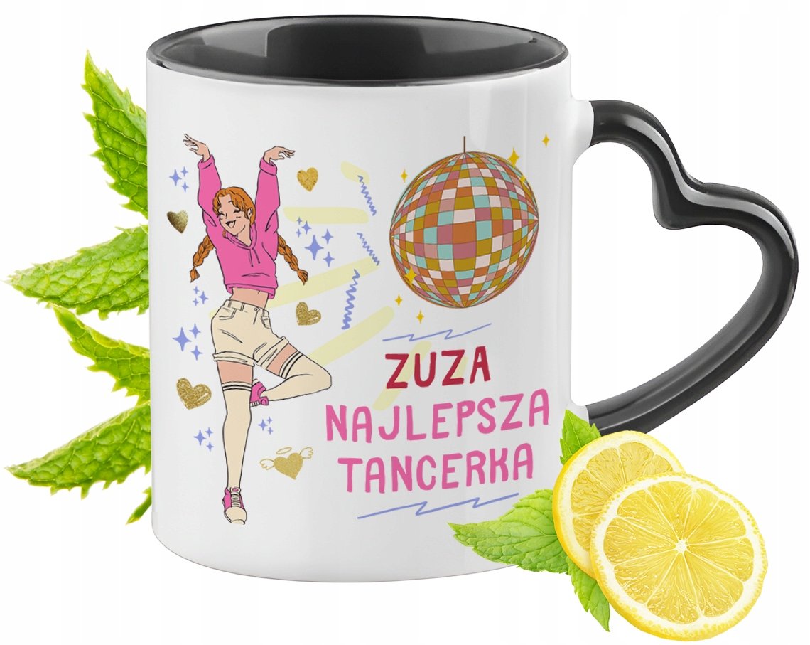 Kubek Czarny z Uszkiem w Kształcie Serca Dla Zuzy Idealny na Prezent ...