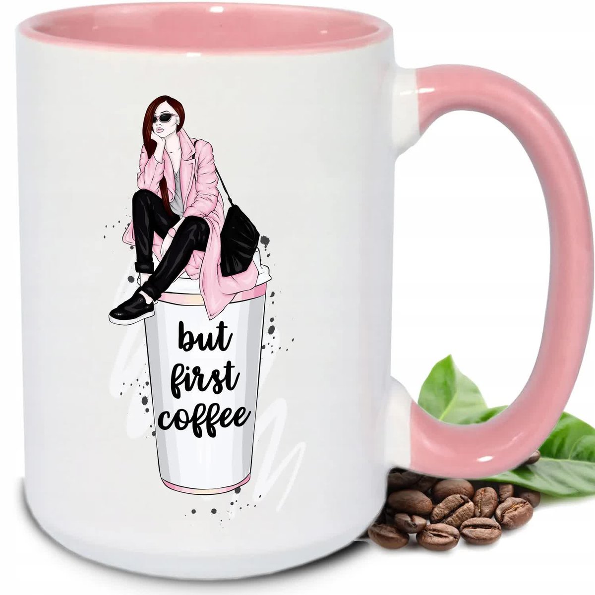 Kubek DUŻY BIAŁY But First Coffe RÓŻÓWE UCHO I WNĘTRZE PIĘKNE WIELE ...