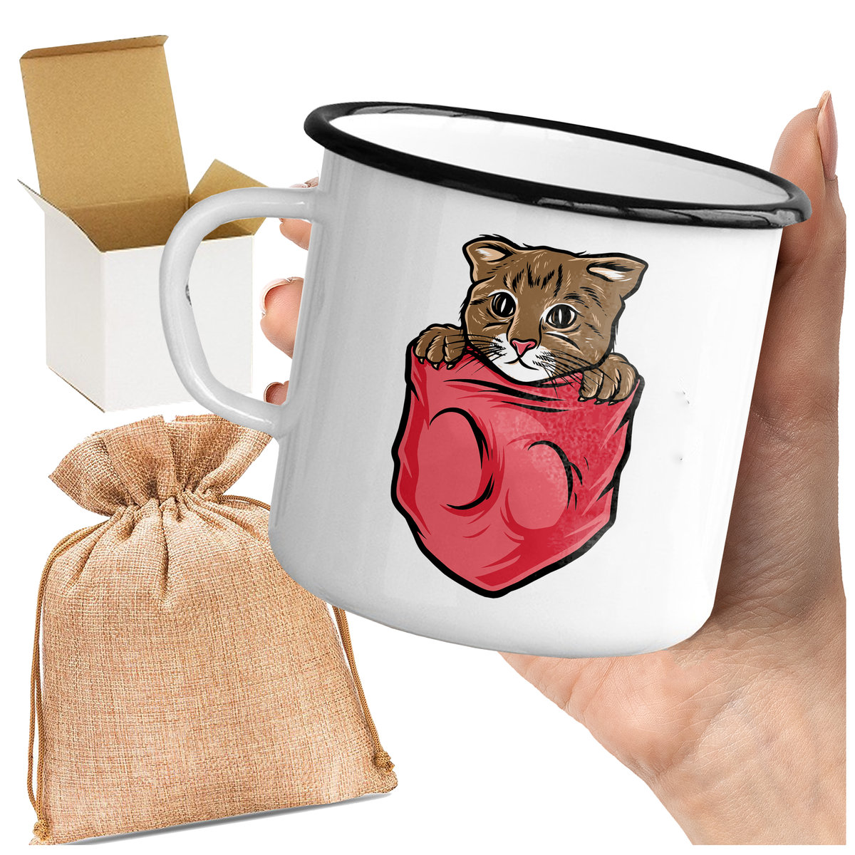 Kubek_emaliowany z nadrukiem słodki kotek idealny kubek na herbatę ...