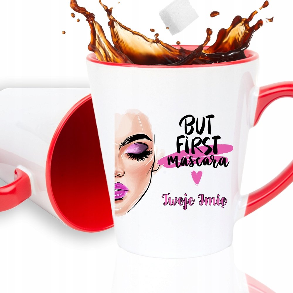 KUBEK LATTE CZERWONY Prezent Dla Makijażystki BUT FIRST MASCARA IMIĘ ...